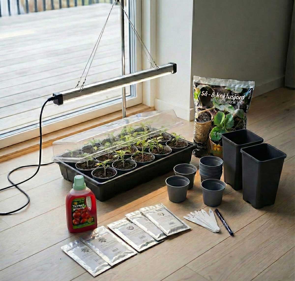 Stor tomatpakke: 5 typer tomat, vekstlys, såutstyr og gjødsel ...